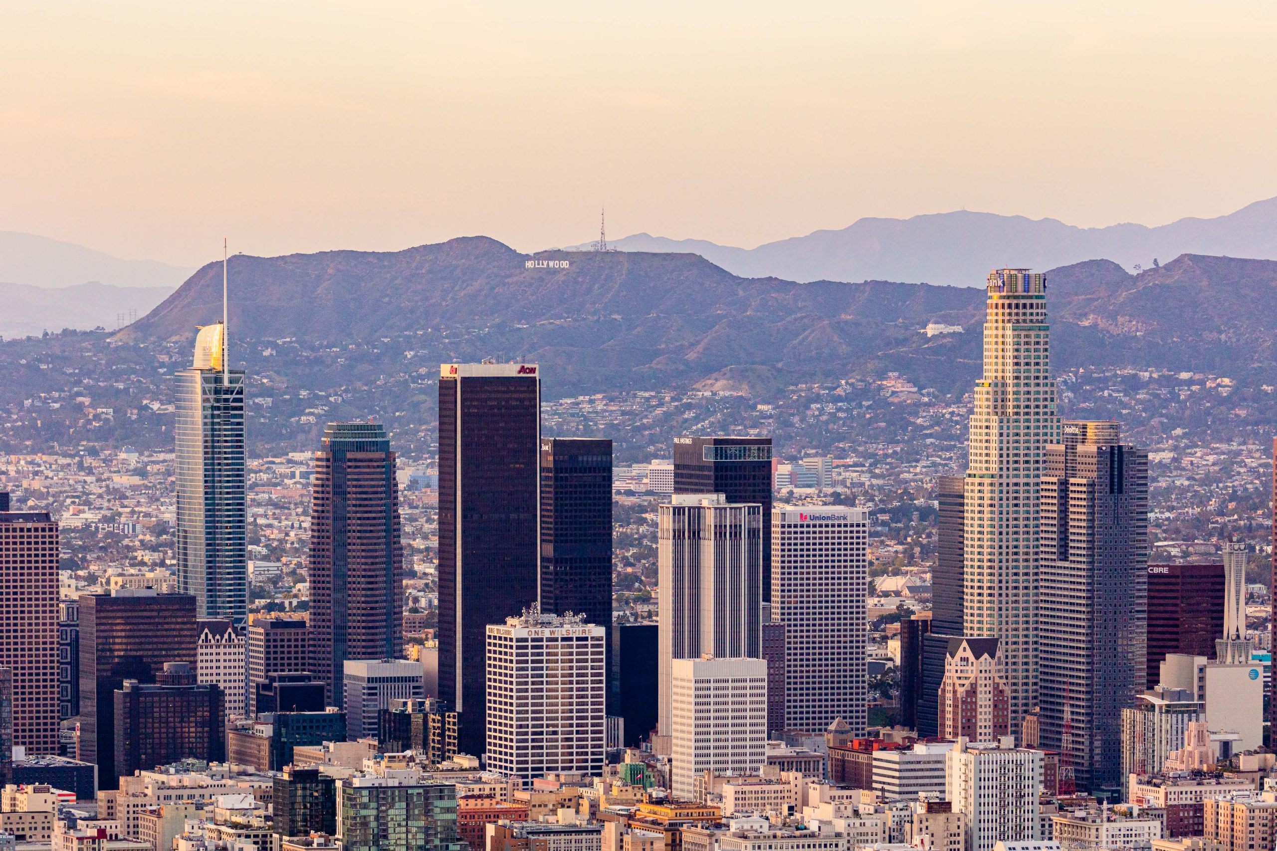 Hollywood Sign Skyline Los Angeles Downtown Skyline From The Hollywood